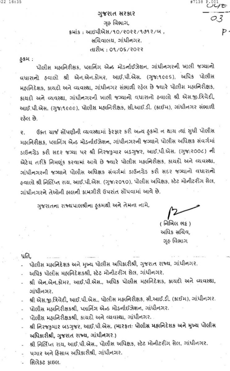 રાજ્યના IPS નિર્લિપ્ત રાય અને નિરજ બડગુજરને સોંપાયો વધારાનો ચાર્જ, ગૃહ વિભાગનો નિર્ણય ...